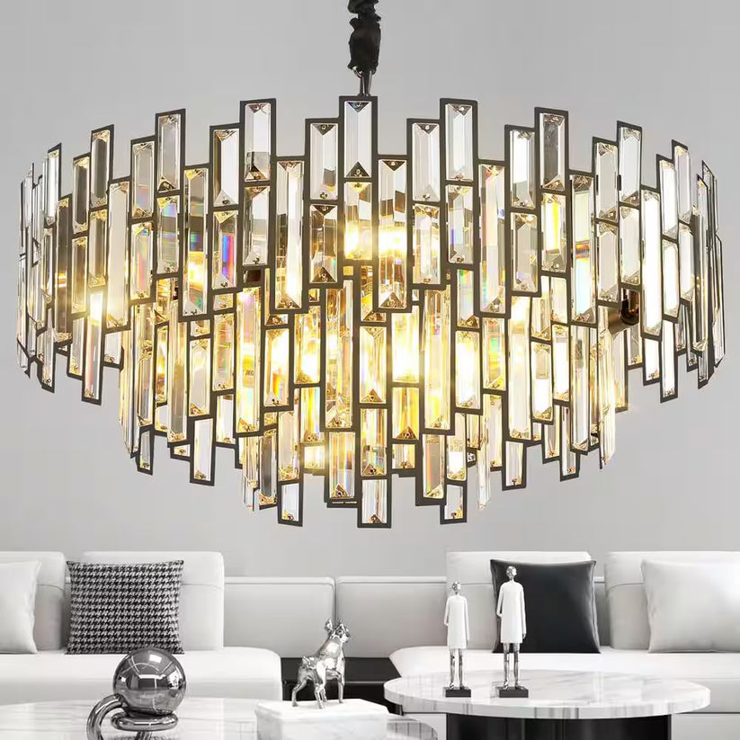 24 In. Modern Chandelier 10-Light 3-Tier Black round K9 Crystal Chande ...
